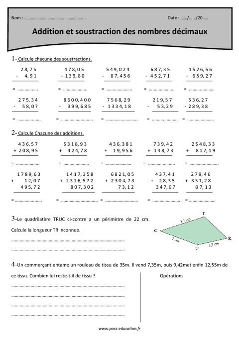 Addition et soustraction des nombres décimaux - Cm2 - Exercices ...