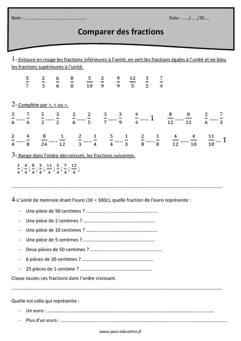 Comparer des fractions - Cm2 - Exercices corrigés - Pass Education