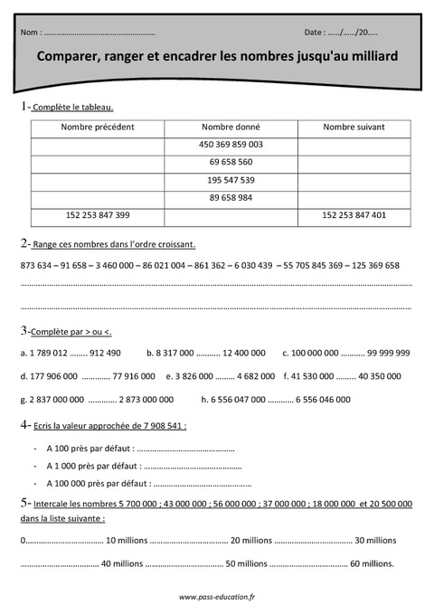 Comparer, ranger et encadrer les nombres jusqu'au milliard - Cm2 ...
