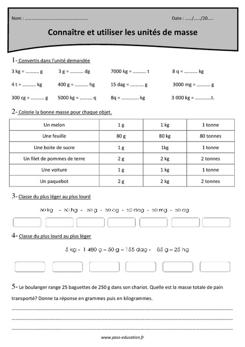 Connaître et utiliser les unités de masse - Cm1 - Exercices corrigés ...