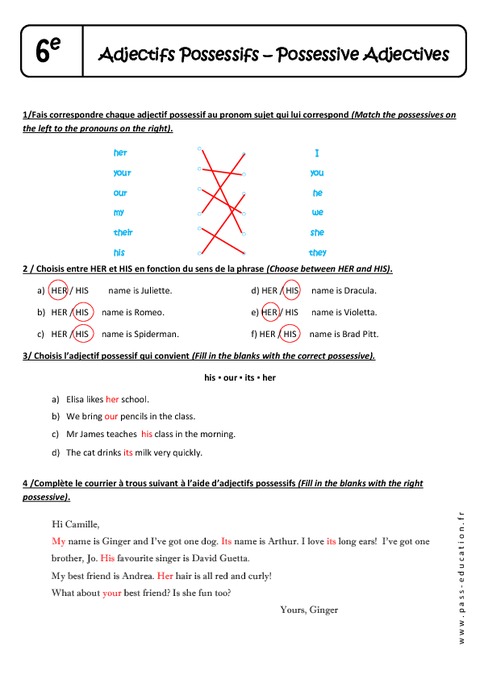 Adjectifs Possessifs - 6ème - Exercices corrigés - Pass Education