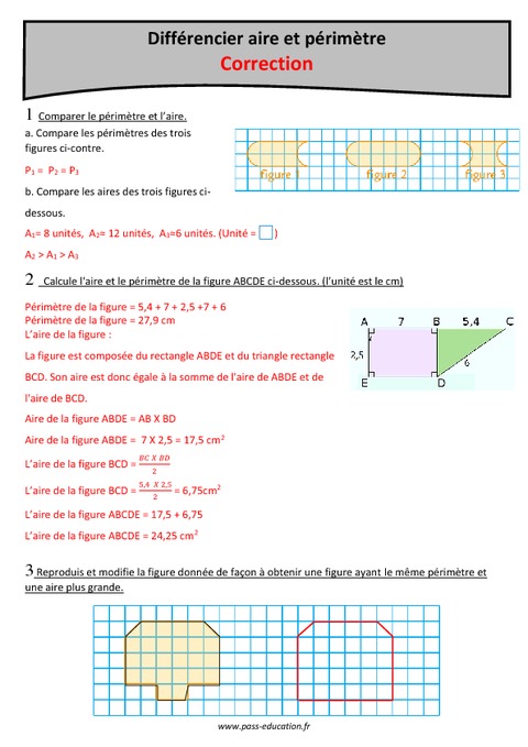 Aire et périmètre – Cm2 – Exercices corrigés - Pass Education