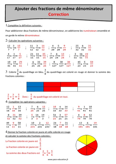Ajouter des fractions de même dénominateur - Cm2 - Exercices corrigés - Pass Education
