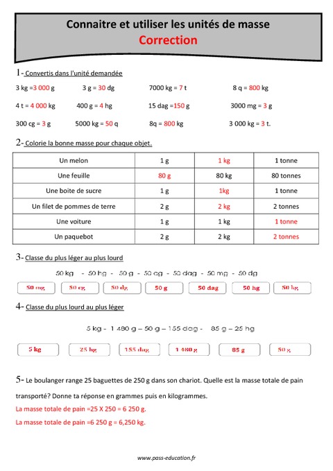 Connaître et utiliser les unités de masse - Cm1 - Exercices corrigés ...