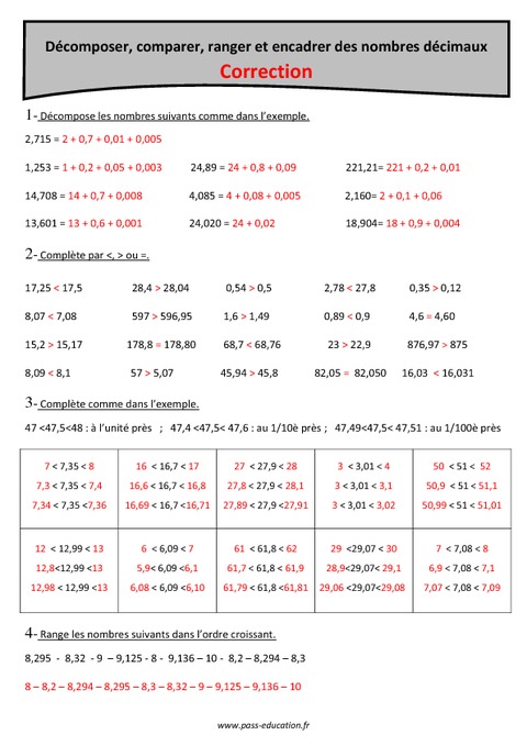 Décomposer, comparer, ranger et encadrer des nombres décimaux - Cm2 ...