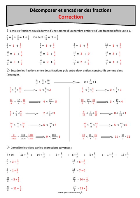 Décomposer et encadrer des fractions - Cm2 - Exercices corrigés - Pass ...