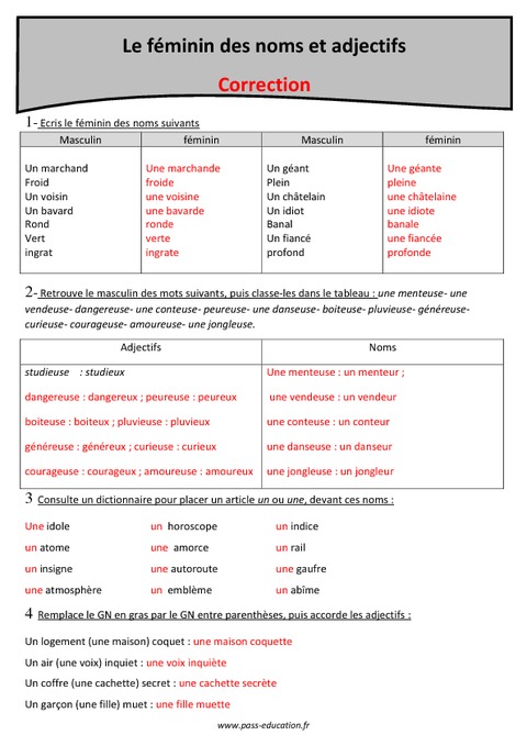 Féminin des noms et adjectifs - Cm2 - Exercices à imprimer - Pass Education