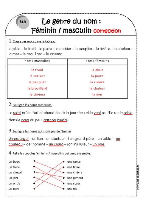 Féminin et masculin - Ce1 - Exercices sur le genre du nom - Pass Education