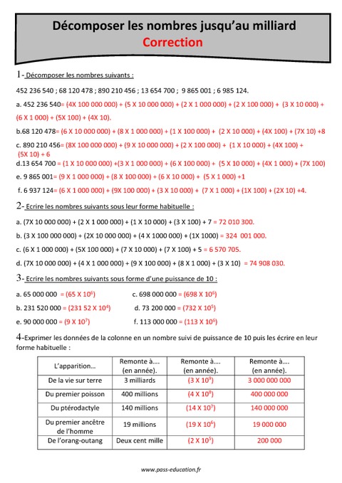 Milliers, millions, milliards – Décomposer – Cm2 – Exercices corrigés ...