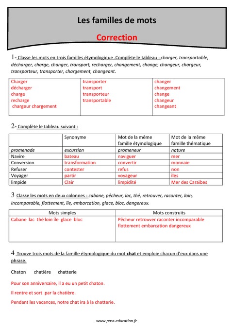 Mots de la même famille étymologique et thématique - Cm2 - Exercices ...