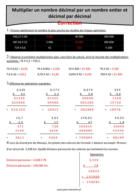 Multiplication de décimaux par des nombres entiers - Cm2 - Exercices ...