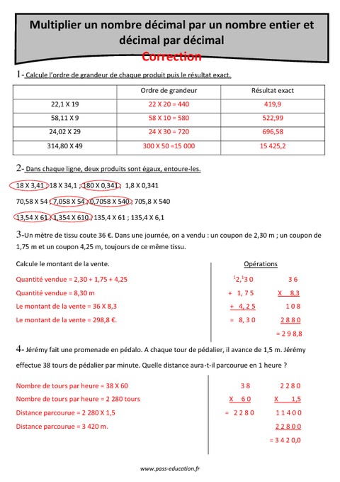 Multiplier un nombre décimal par un nombre entier et décimal par ...