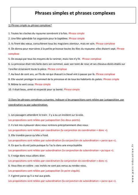 Phrase simple et phrase complexe - 4ème - Exercices corrigés - Pass ...