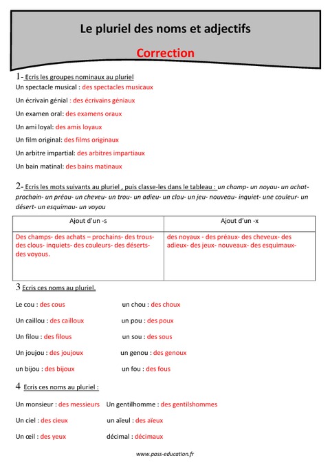 Pluriel des noms et adjectifs - Cm2 - Exercices à imprimer - Pass Education