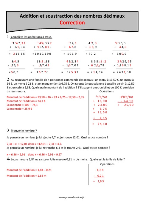 Soustraction et addition des nombres décimaux - Cm2 - Exercices - Pass ... Soustraction et addition des nombres décimaux - Cm2 - Exercices - Pass ...