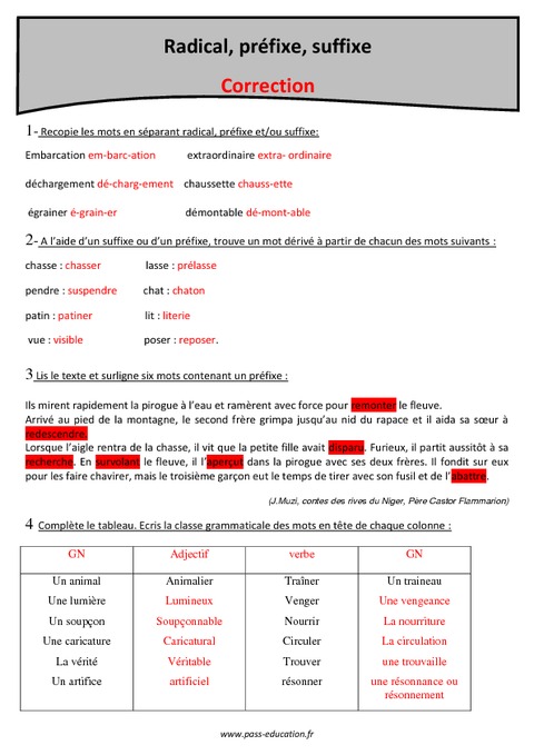Suffixe, radical et préfixe - Cm2 - Révisions - Pass Education