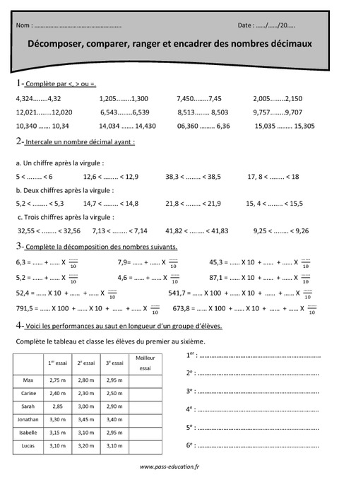 Décimaux - Décomposer, comparer, ranger et encadrer - Cm2 - Exercices ...
