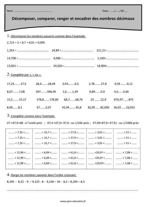 Décomposer, comparer, ranger et encadrer des nombres décimaux - Cm2 ...