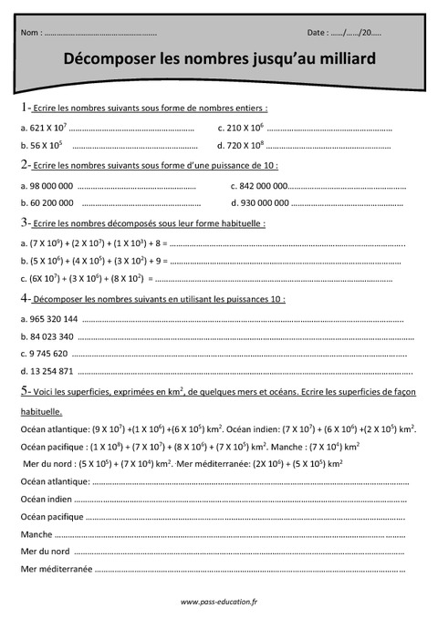 Décomposer les nombres jusqu’au milliard - Cm2 - Exercices avec ...