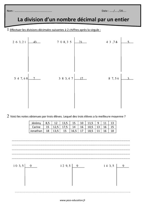 Diviser un nombre décimal par un nombre entier - Cm2 - Exercices ...