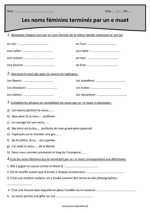 Féminin - Noms terminés par un -e muet - Cm2 - Exercices à imprimer ...
