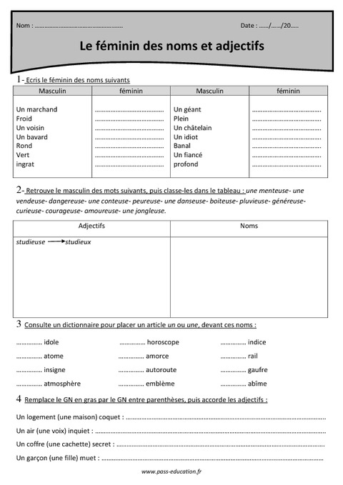 Féminin des noms et adjectifs - Cm2 - Exercices à imprimer - Pass Education