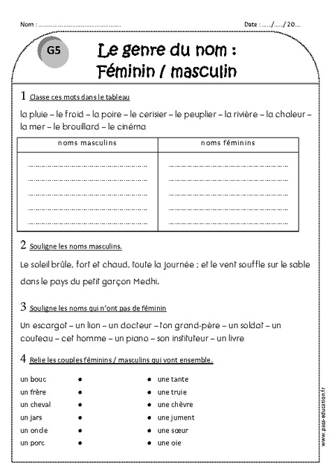 Féminin et masculin - Ce1 - Exercices sur le genre du nom - Pass Education
