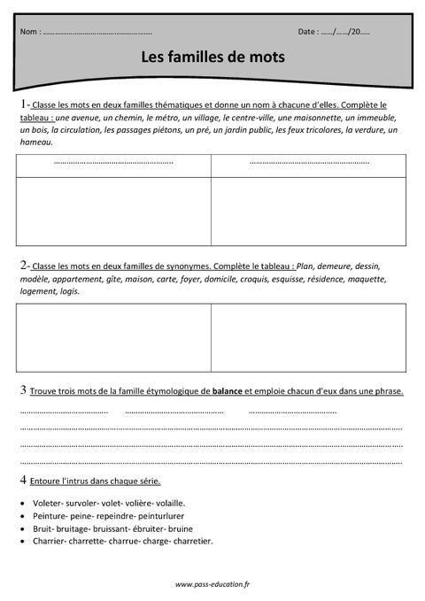Familles de mots cm2 - Exercices à imprimer - Pass Education