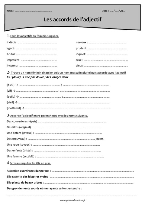 Genre et nombre - Masculin et féminin - Cm1 - Exercices sur les accords ...