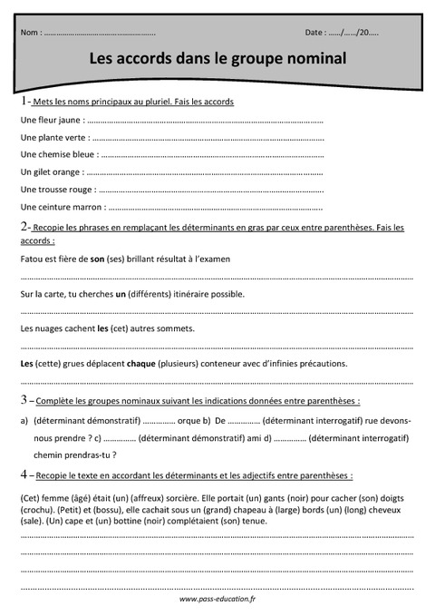 Groupe nominal - Accords - Cm2 - Exercices à imprimer - Pass Education