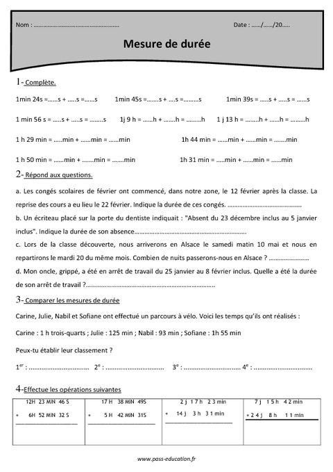 Heure, minute, seconde - Cm2 - Exercices sur les mesures de durée ...