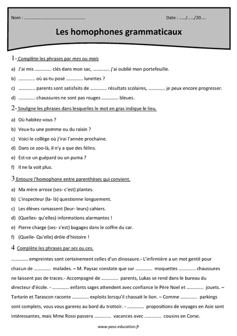 Homophones grammaticaux - Cm2 - Exercices à imprimer - Pass Education