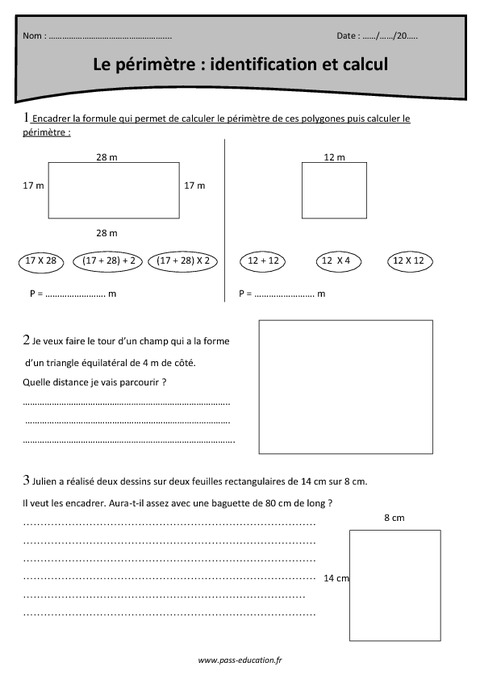 Identification et calcul du périmètre - Cm1 - Exercices corrigés - Pass ...