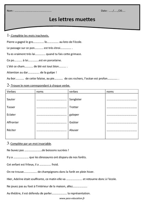Lettres finales muettes – Cm2 – Exercices corrigés - Pass Education