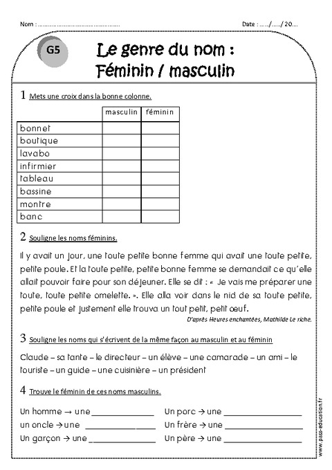 Masculin et féminin - Genre du nom - Ce1 - Exercices avec correction ...
