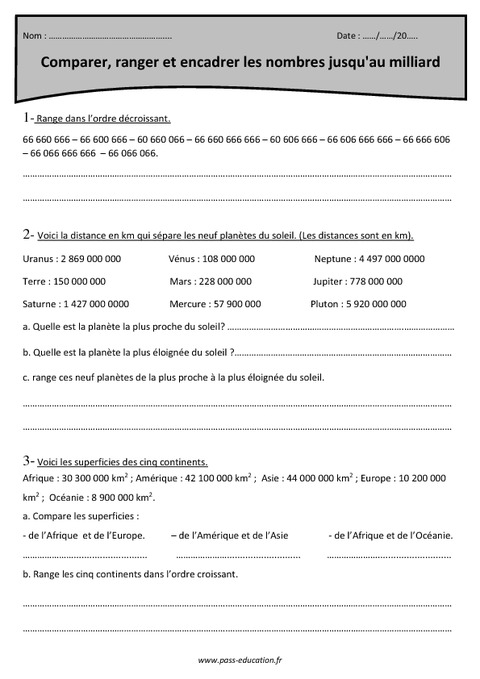 Milliers, millions, milliards – Comparer, ranger et encadrer - Cm2 ...