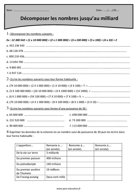 Milliers, millions, milliards – Décomposer – Cm2 – Exercices corrigés ...