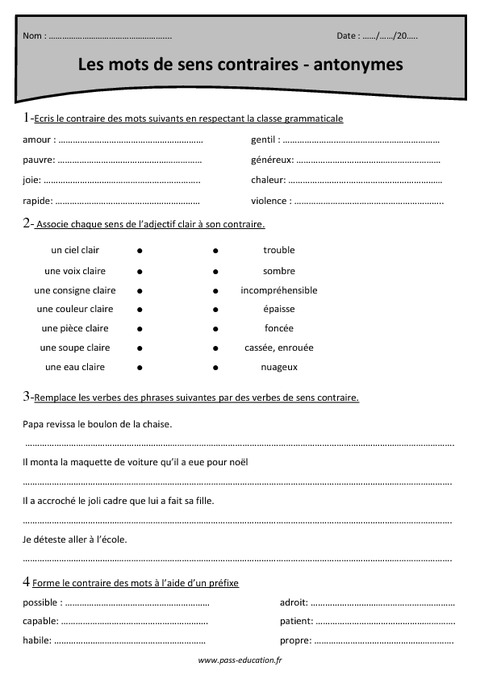 Mots de sens contraires - Antonymes - Cm1 - Exercices à imprimer - Pass ...