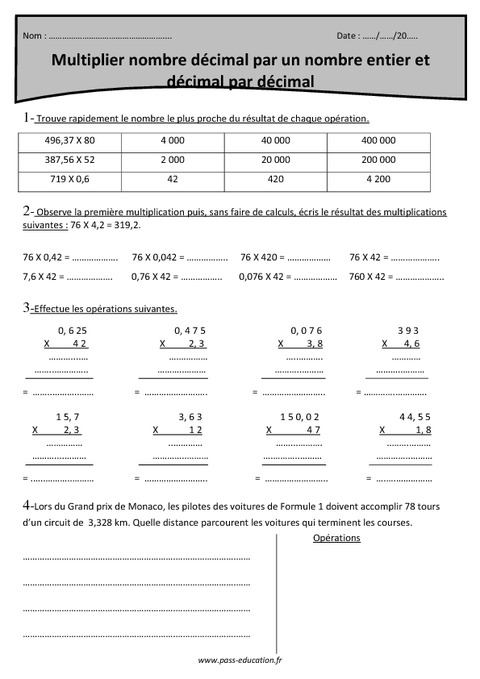 Multiplication de décimaux par des nombres entiers - Cm2 - Exercices ...