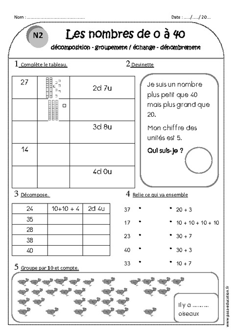 Nombres de 0 à 40 - Ce1 - Exercices: décomposition - groupement échange ...