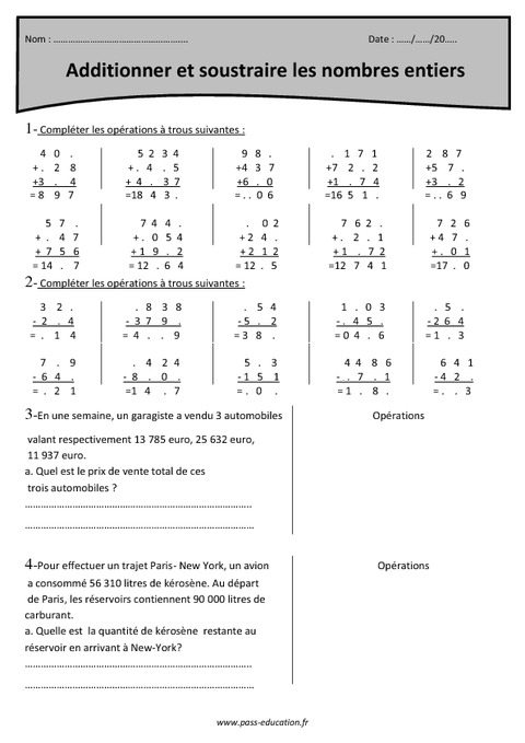 Nombres entiers - Addition et soustraction – Cm2 – Exercices à imprimer ...