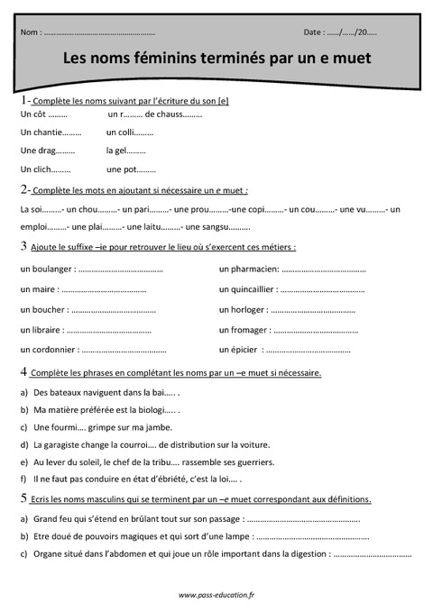 Noms féminins terminés par un -e muet - Cm2 - Exercices corrigés - Pass ...