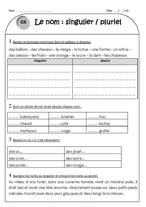 Pluriel - Singulier – Ce1 – Exercices sur le genre et le nombre - Pass ...