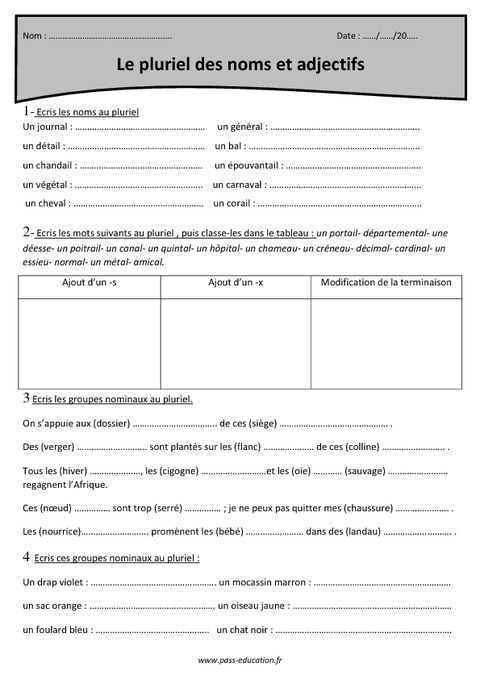 Pluriel des adjectifs et des noms – Cm2 – Exercices corrigés - Pass ...