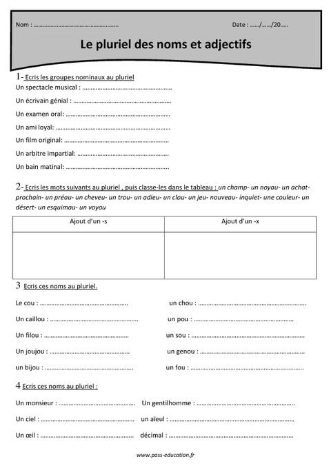 Pluriel des noms et adjectifs - Cm2 - Exercices à imprimer - Pass Education