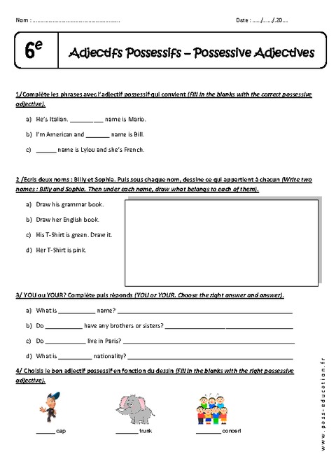 Possessive Adjectives - 6ème - Exercices à imprimer - Pass Education