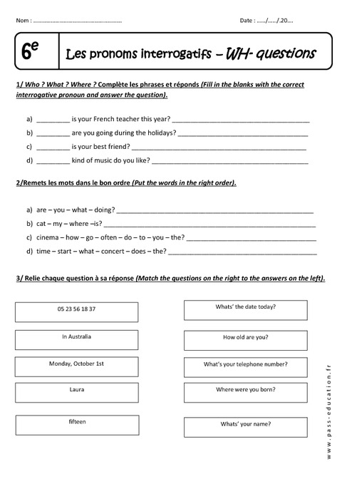 Exercices Pronoms Interrogatifs Les Mots Interrogatifs Fiche