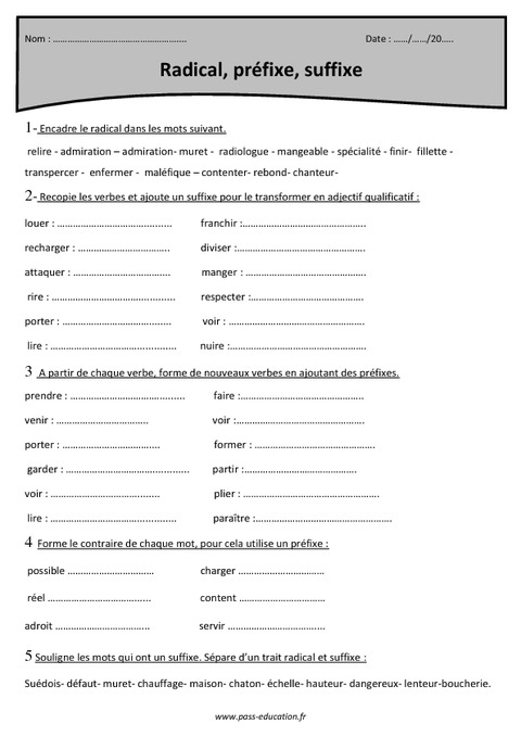 Radical, préfixe, suffixe - Cm2 - Exercices avec correction - Pass ...
