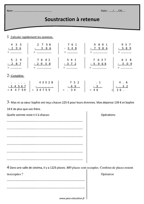 Soustraction à retenue - Cm1 - Exercices avec correction - Pass Education