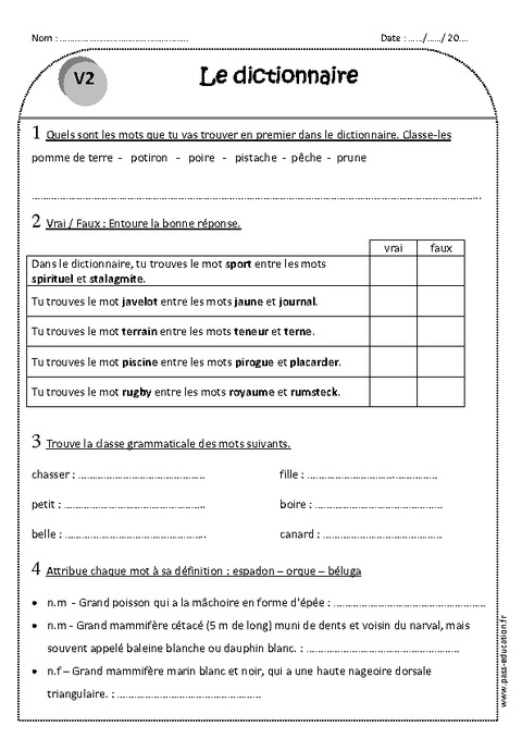 Utiliser le dictionnaire - Ce1 - Exercices corrigés - Pass Education